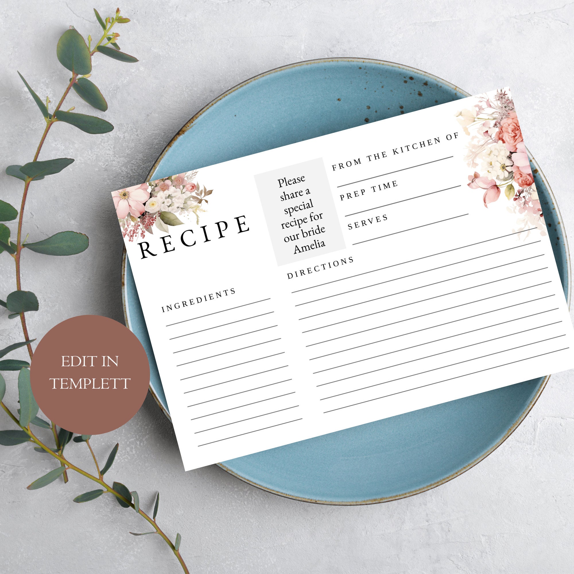 Pink Floral Wedding Recipe Card Template, Recipe Card Insert, Editable ...