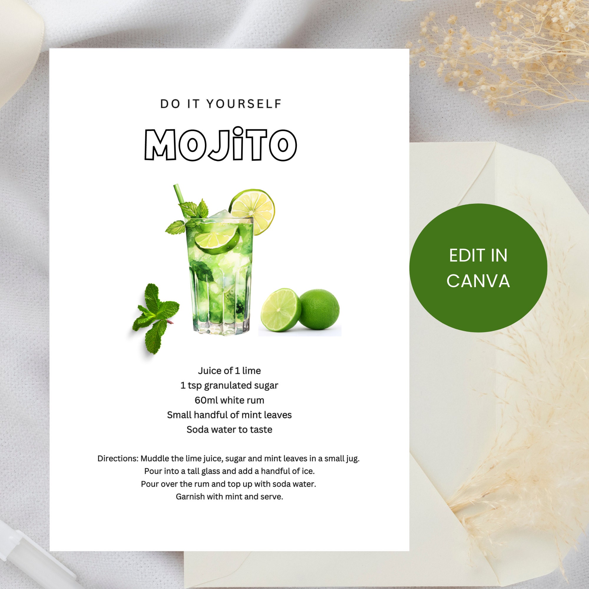 Cocktail Recipe Card Printable, Wedding Signature Drink Mojito, DIY ...