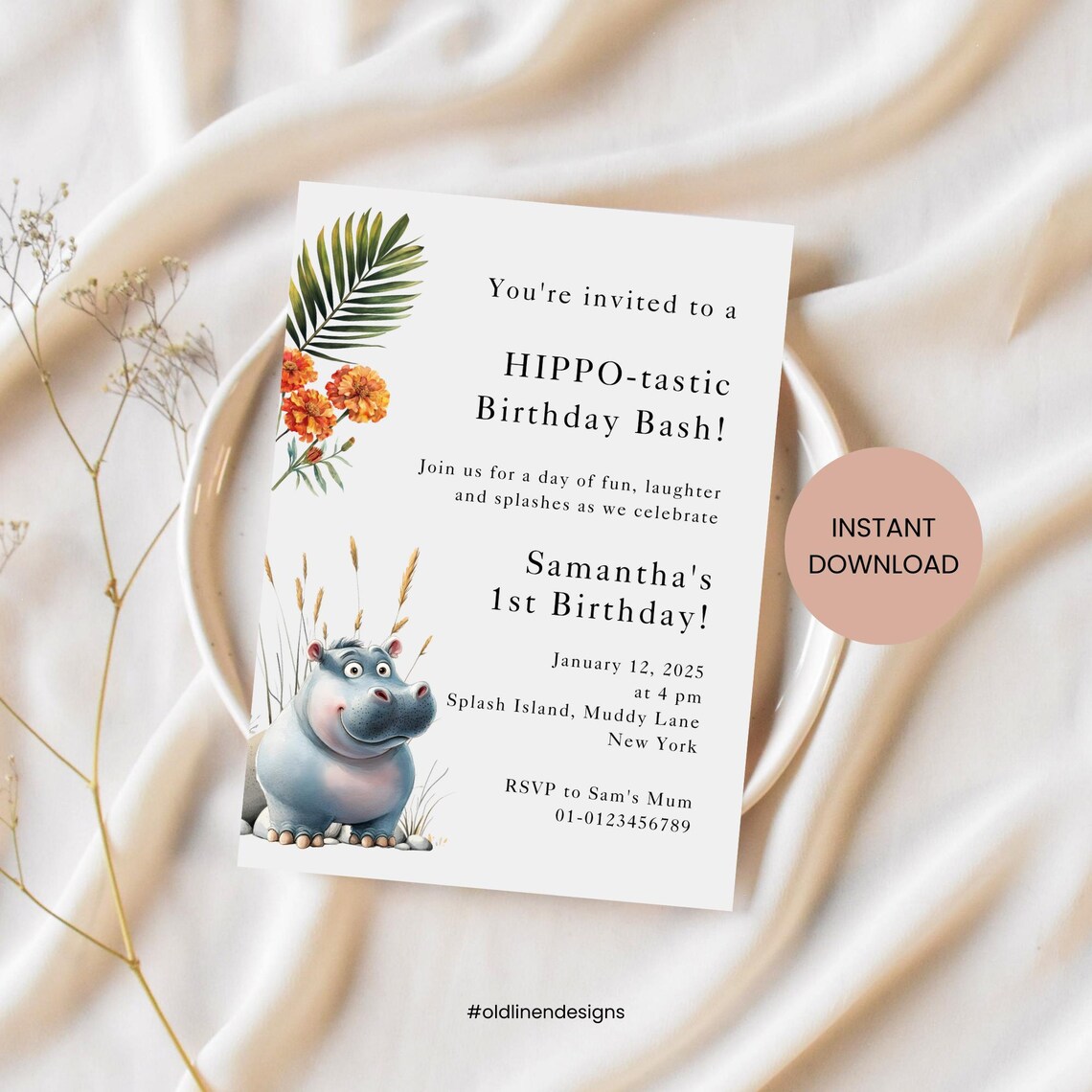 Hippo Birthday Kid's Invitation, Unisex Party Invite, Wildlife Theme ...