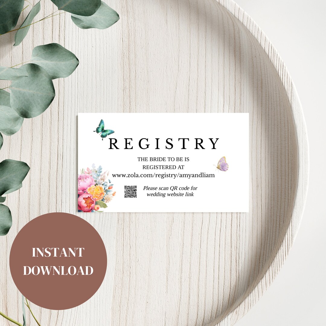 Butterflies Bridal Shower Registry Card Template, QR Code Printable ...