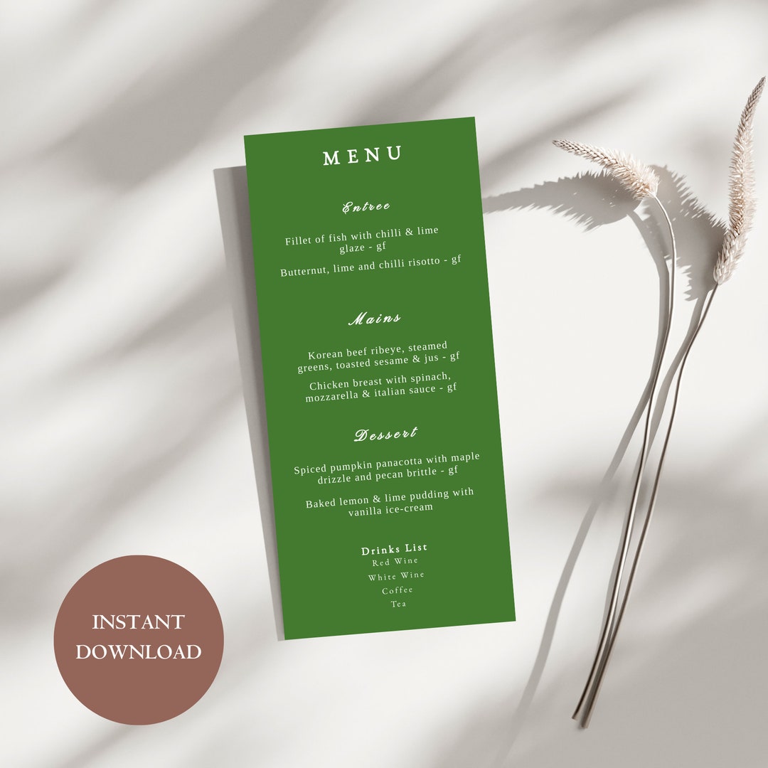 Minimalist Green Wedding Menu | Instant Download | Event Menu Template ...