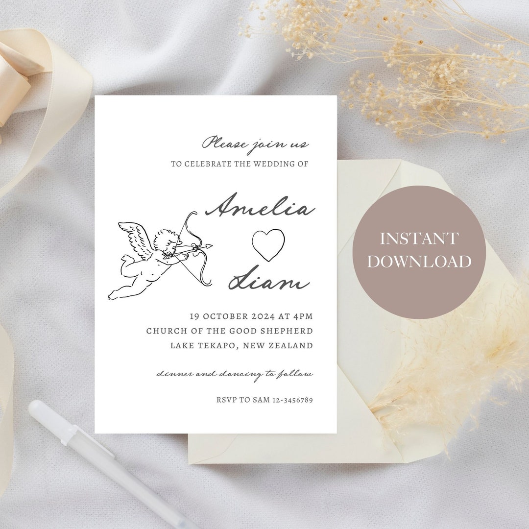 Cupid With Bow Wedding Invitation, Handwritten Vintage Font, Funky Hand ...