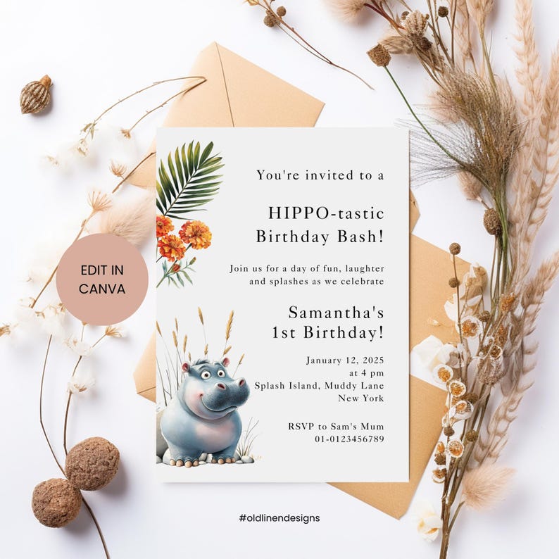 Hippo Birthday Kid's Invitation, Unisex Party Invite, Wildlife Theme ...