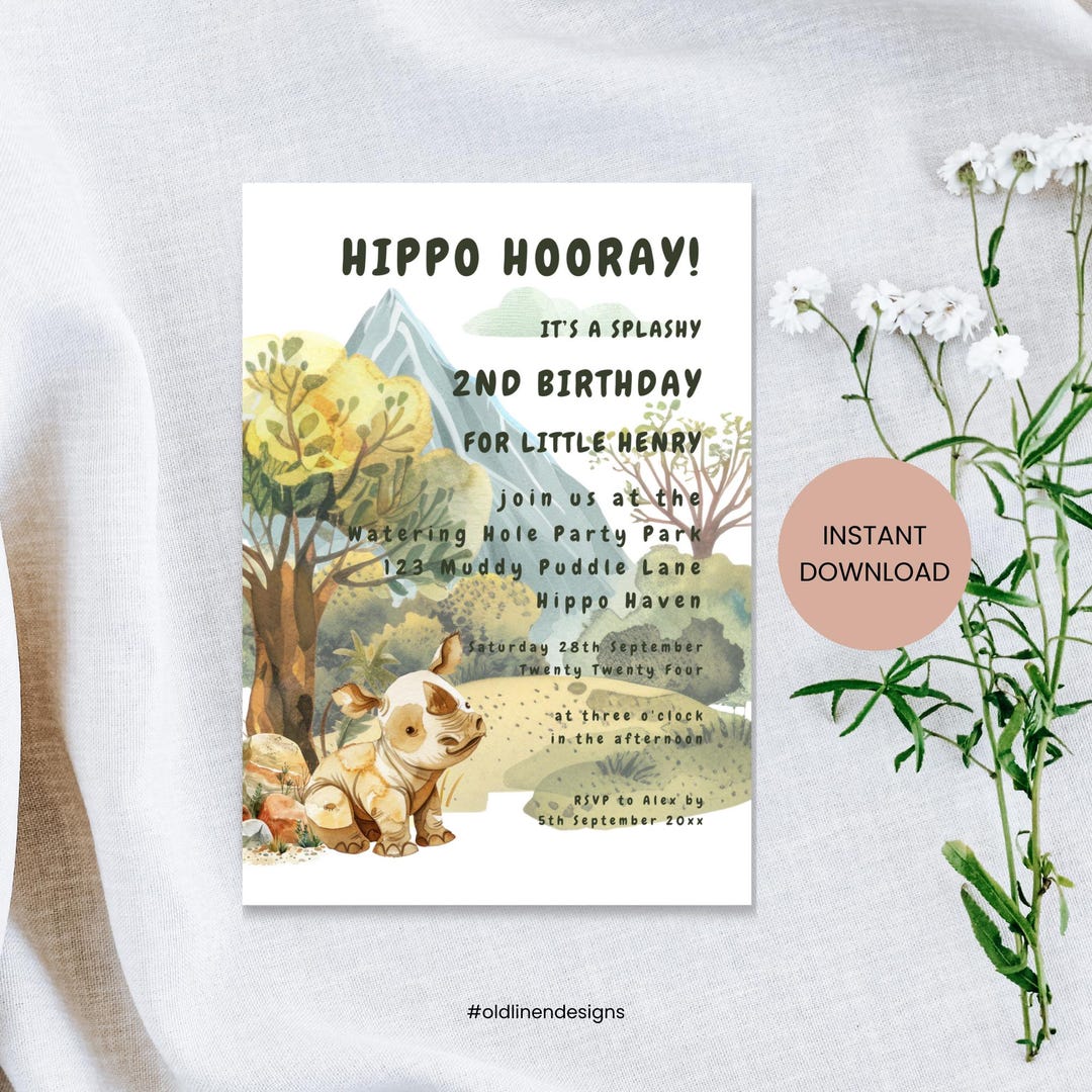 Hippo Kid's Birthday Invitation, Baby Boy Party Invite, Wildlife Theme ...