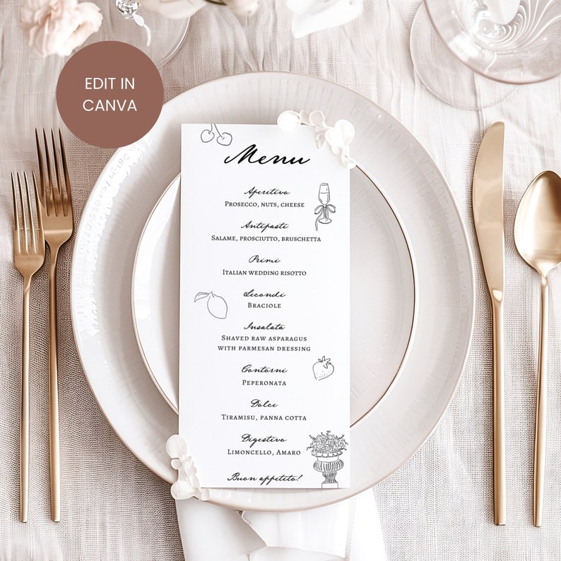 Handdrawn Italian Wedding Menu Template, Italian Course Menu, Elegant ...