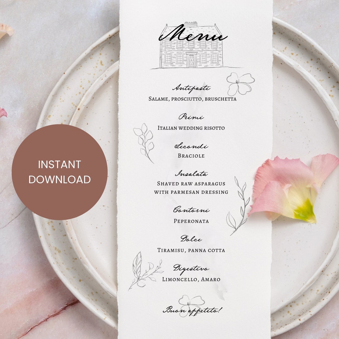 Hand Drawn Italian Wedding Menu, Italian Course Menu, Italian Villa ...
