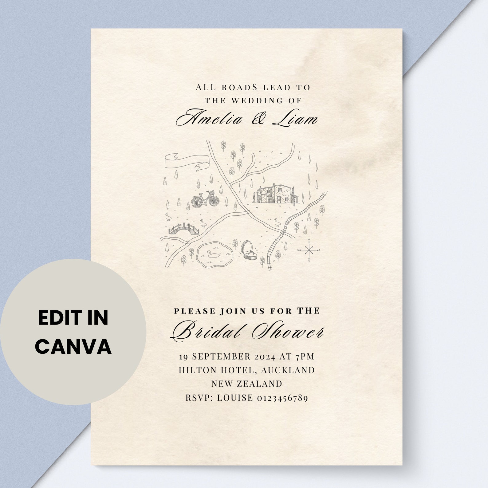 Hand Drawn Wedding Map Bridal Shower Invitation, All Roads Lead To, 3 ...