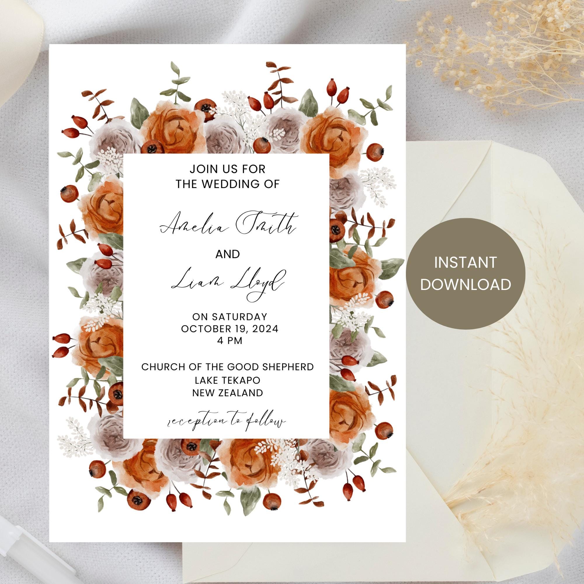 Autumn Wedding Invitation Template Double Sided, Fall Florals Wedding ...