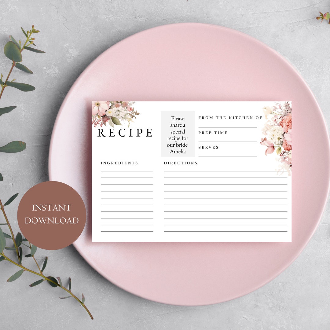 Pink Floral Wedding Recipe Card Template, Recipe Card Insert, Editable ...