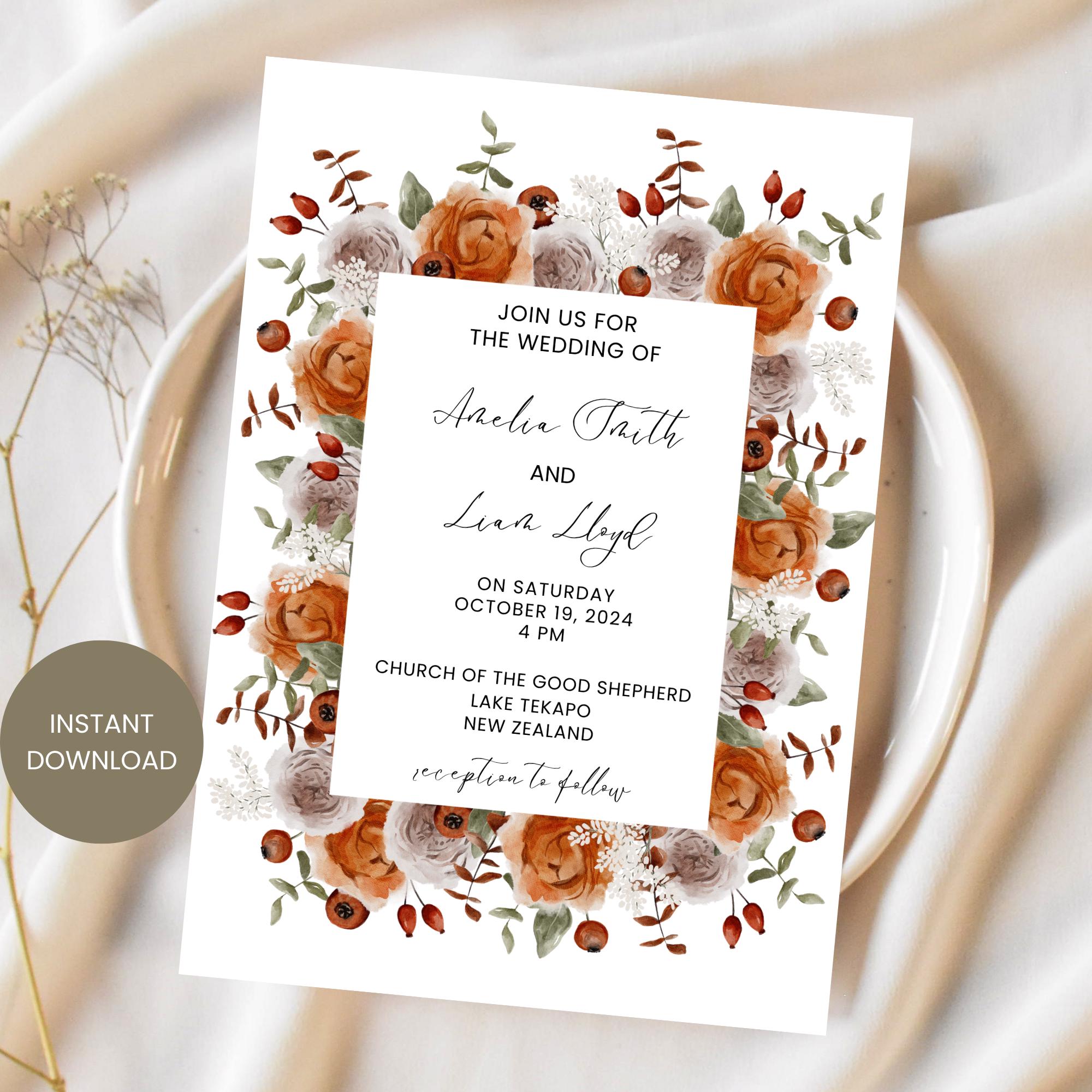 Autumn Wedding Invitation Template Double Sided, Fall Florals Wedding ...