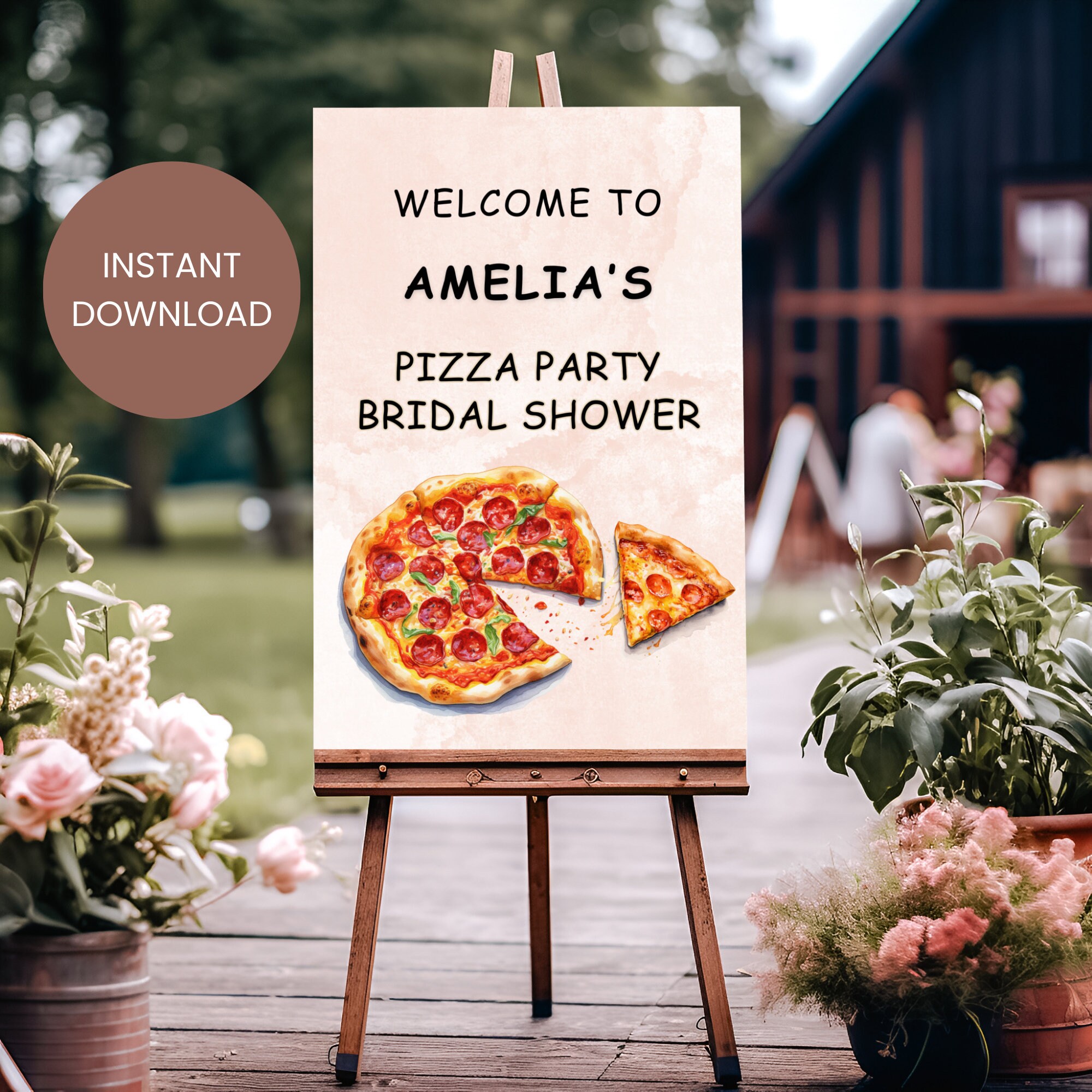 Pizza Party Bridal Shower Welcome Sign With Watercolor Pizza Art ...
