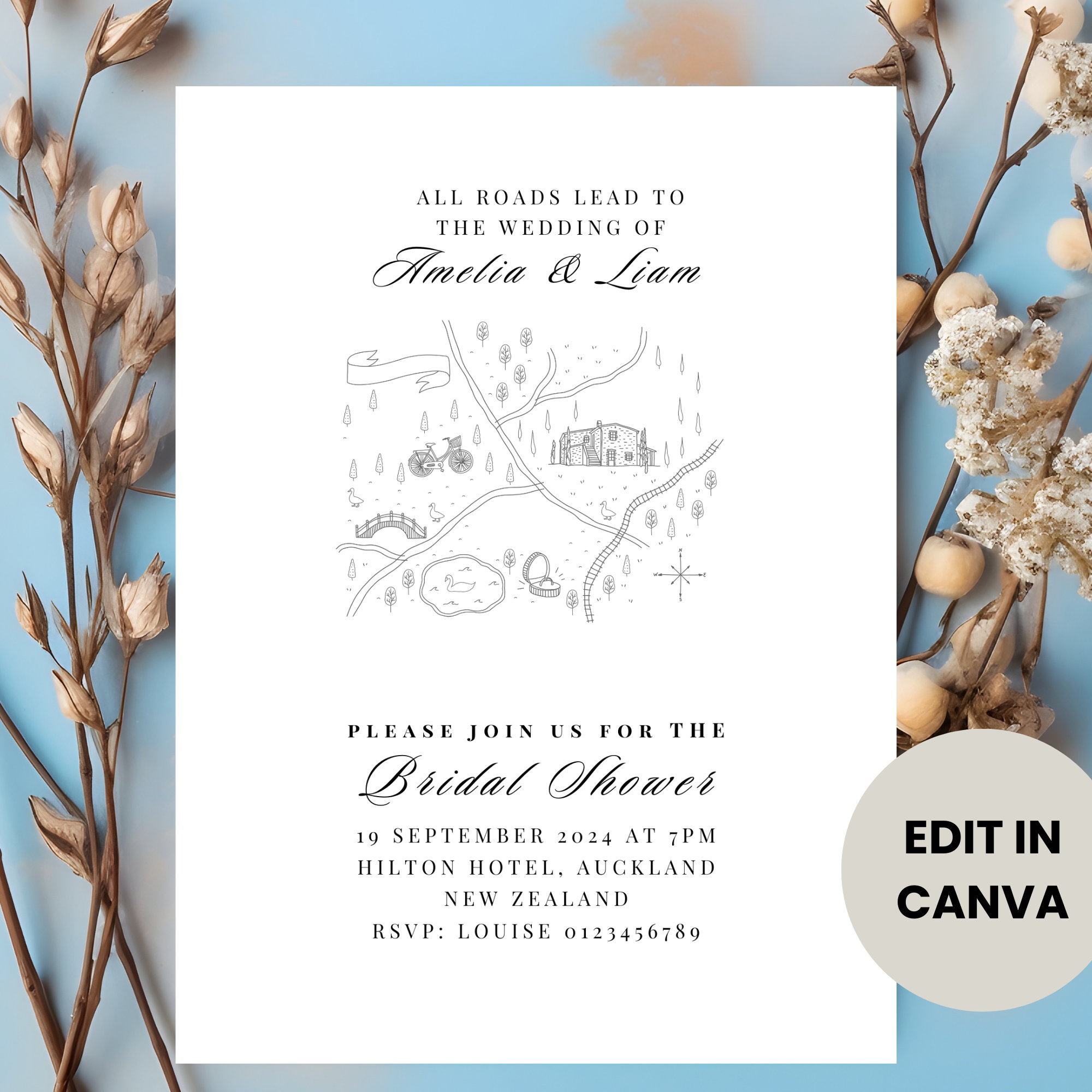 Hand Drawn Wedding Map Bridal Shower Invitation, All Roads Lead To, 3 ...