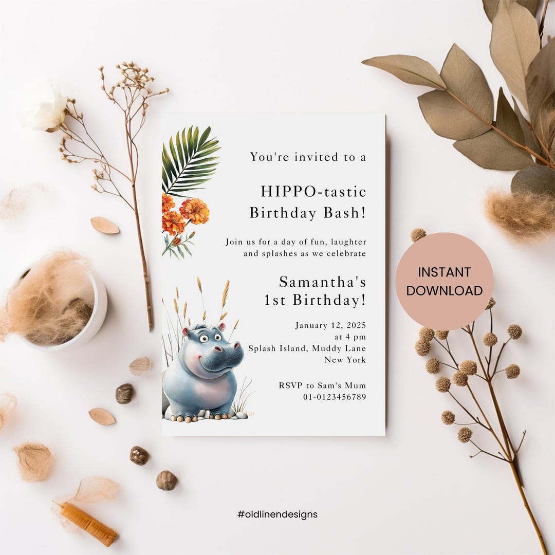 Hippo Birthday Kid's Invitation, Unisex Party Invite, Wildlife Theme ...