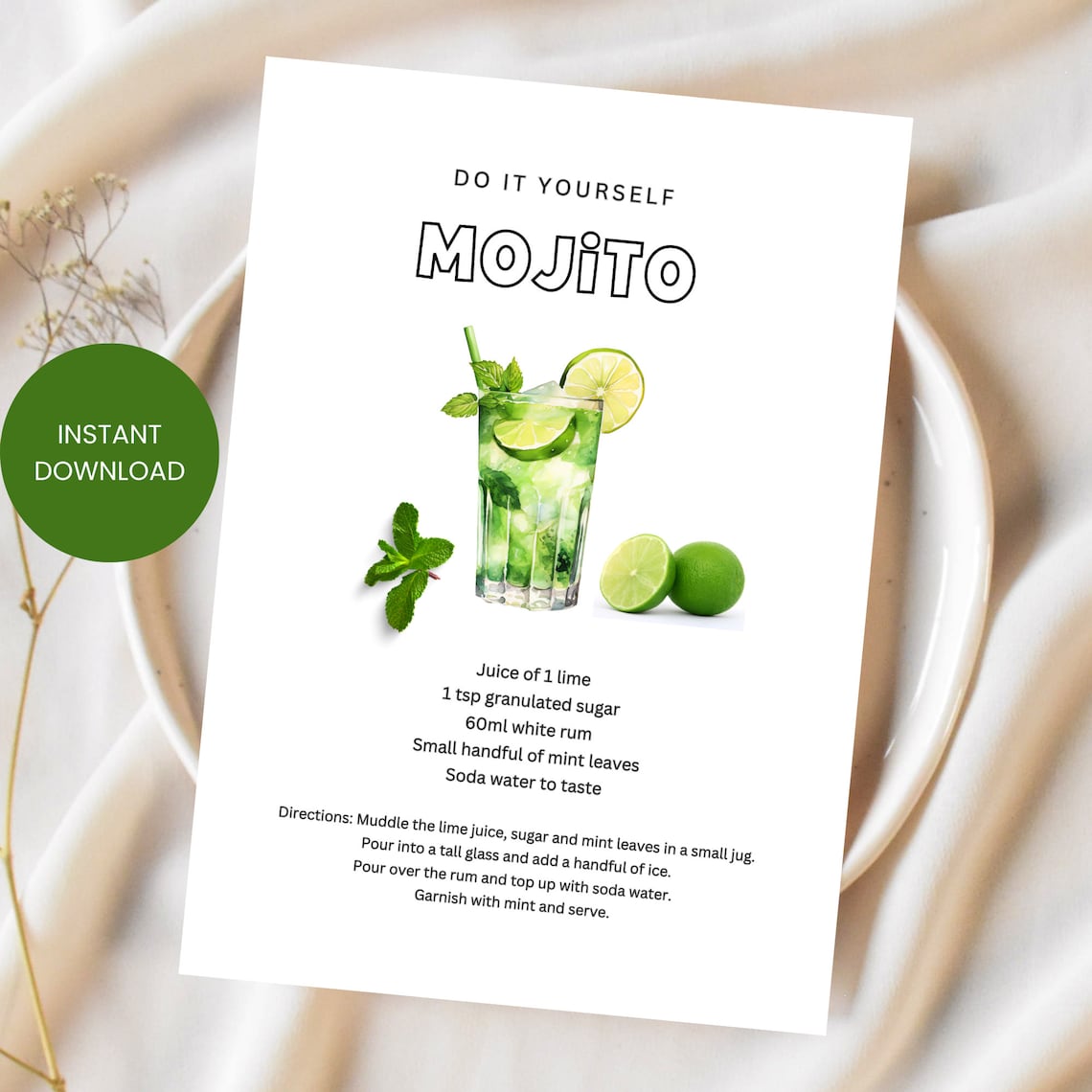 Cocktail Recipe Card Printable, Wedding Signature Drink Mojito, DIY ...