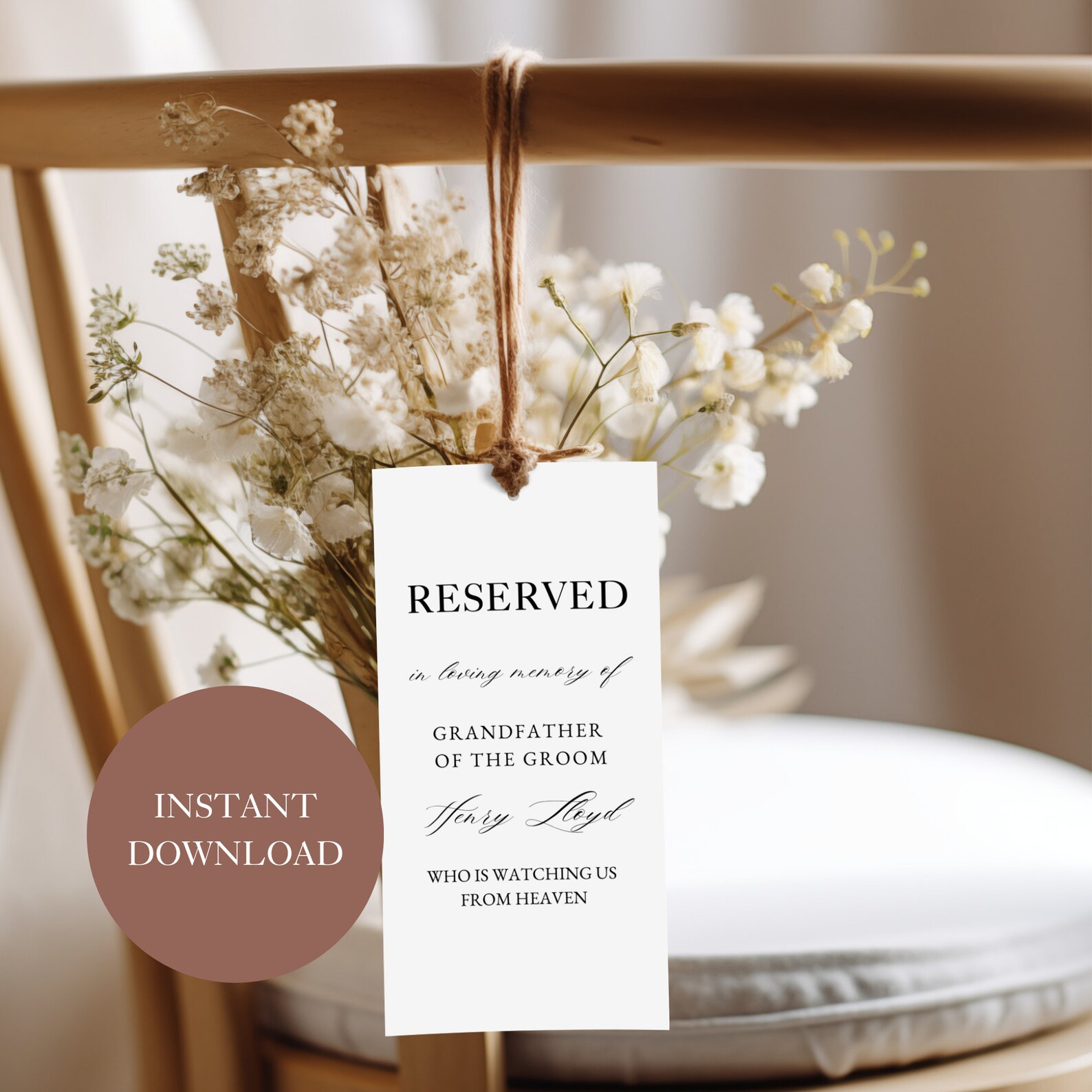 Modern Minimalist Reserved Memorial Sign, Editable Seating Tag ...
