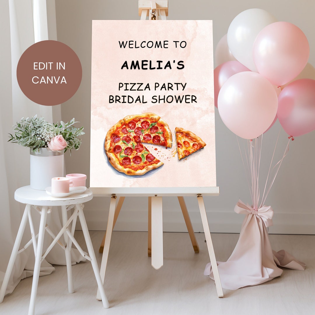 Pizza Party Bridal Shower Welcome Sign With Watercolor Pizza Art ...