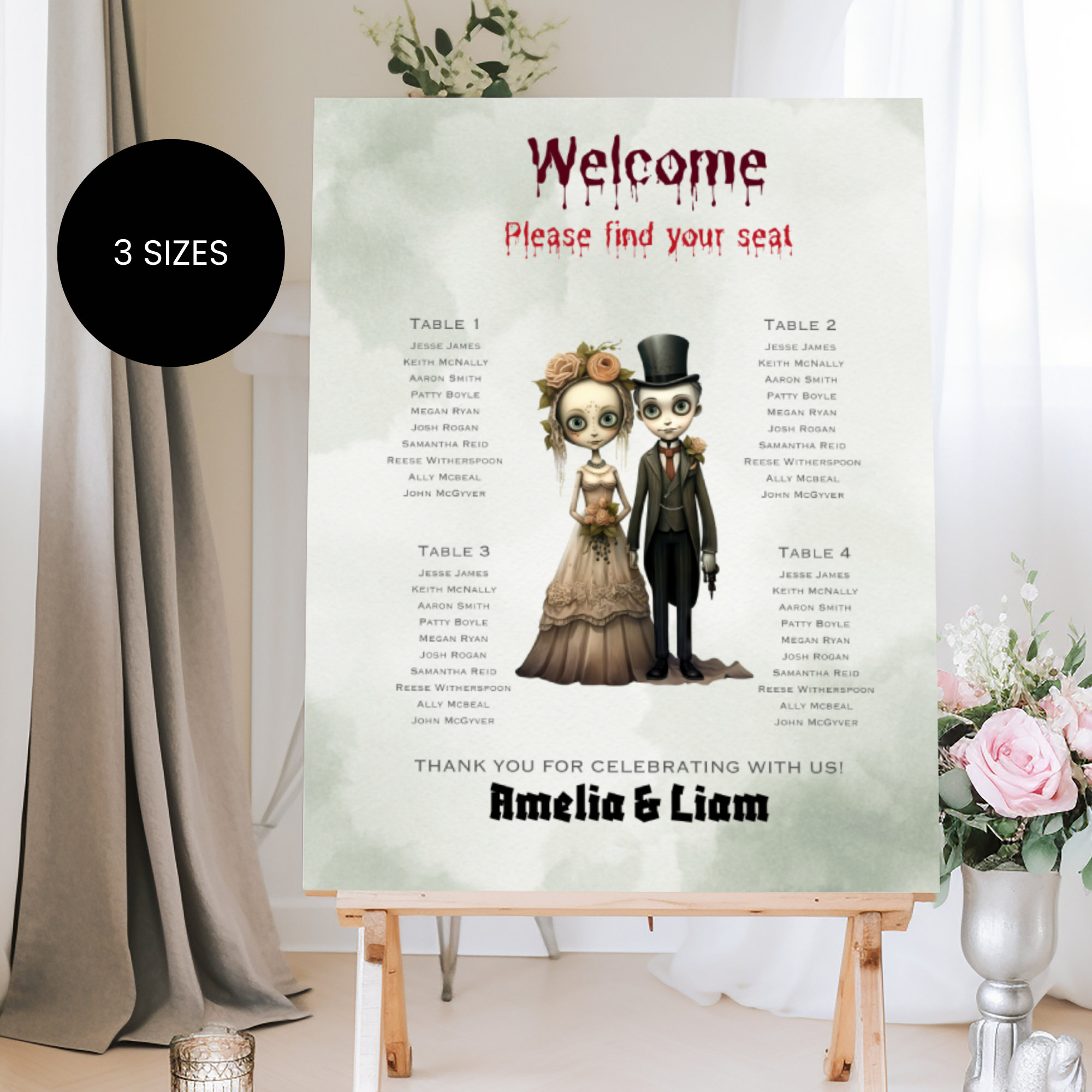 Gothic Wedding Seating Chart, Seating Plan Template 4 Tables, Quirky ...
