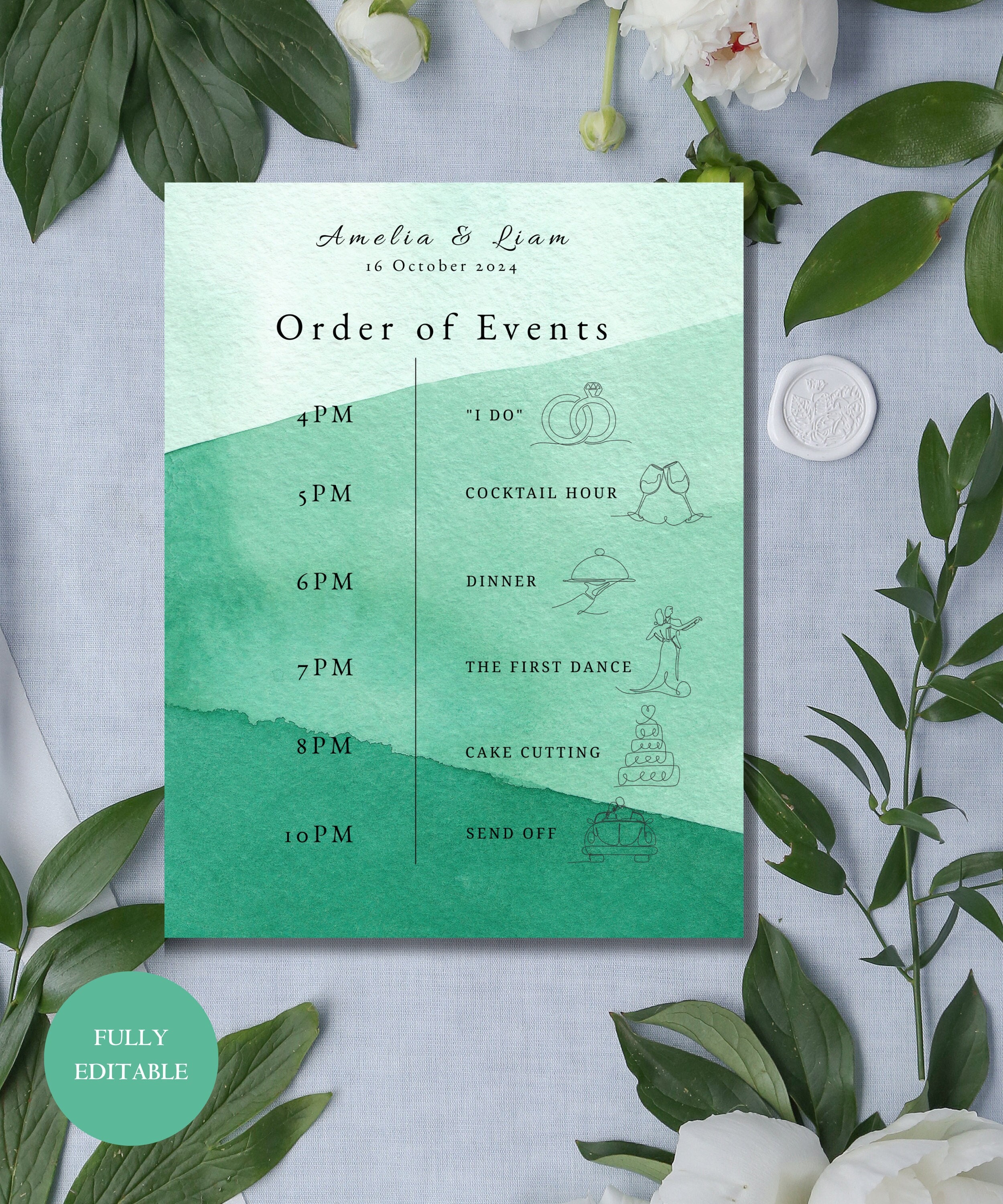 Wedding Timeline Card With Icons | Editable Order of Events Card ...