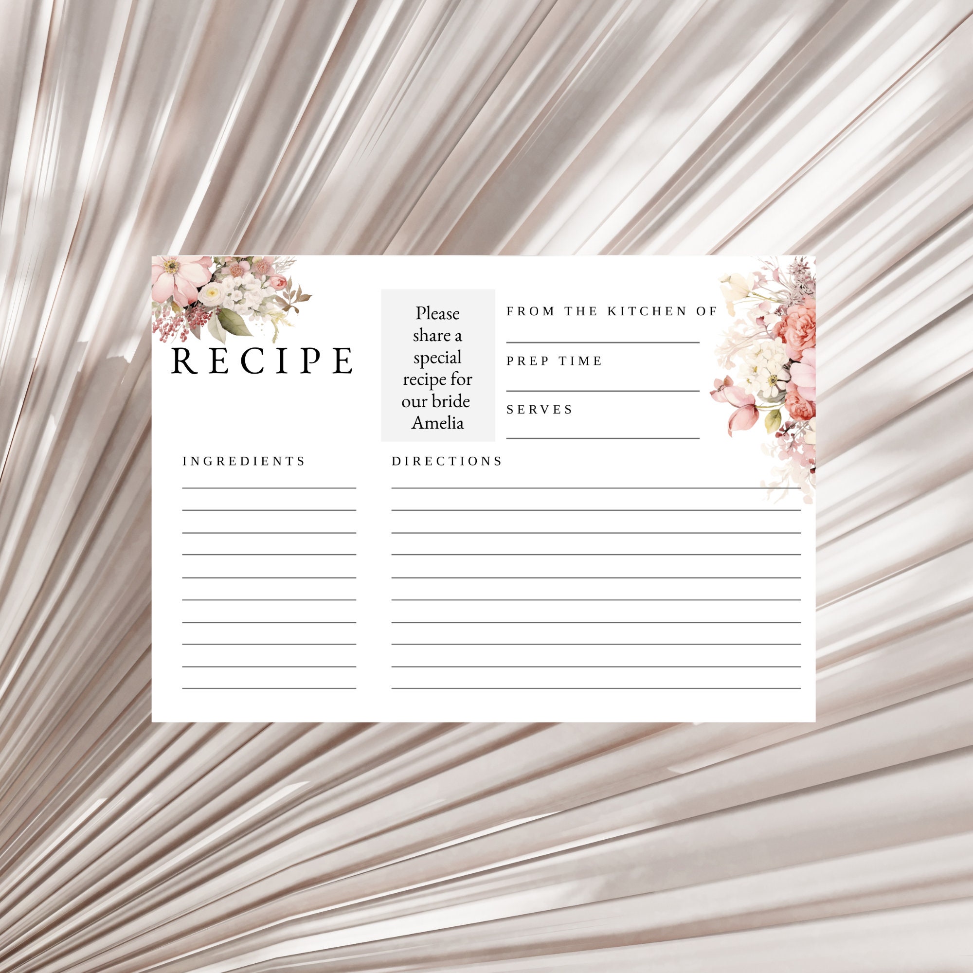 Pink Floral Wedding Recipe Card Template, Recipe Card Insert, Editable ...