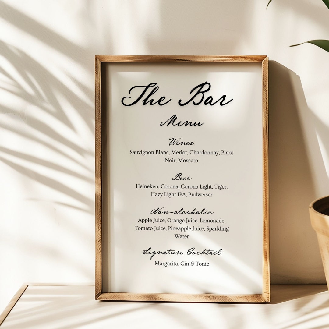 Open Bar Sign Vintage Font, Drinks Menu Template, Minimalist Wedding ...