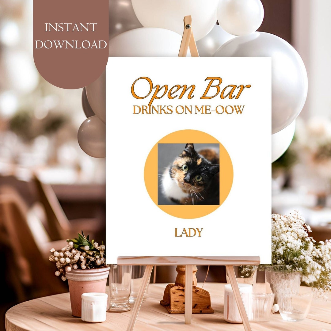 Funny Cat Drinks on Me -oow Bar Sign, Open Bar Sign, Modern Minimalist ...