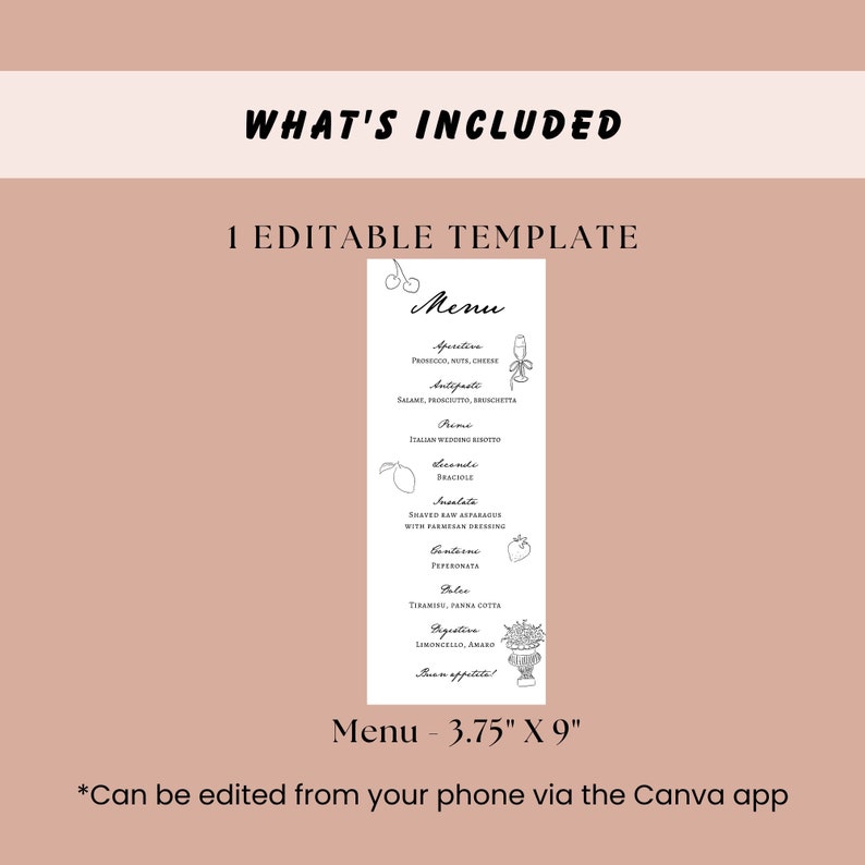 Handdrawn Italian Wedding Menu Template, Italian Course Menu, Elegant ...