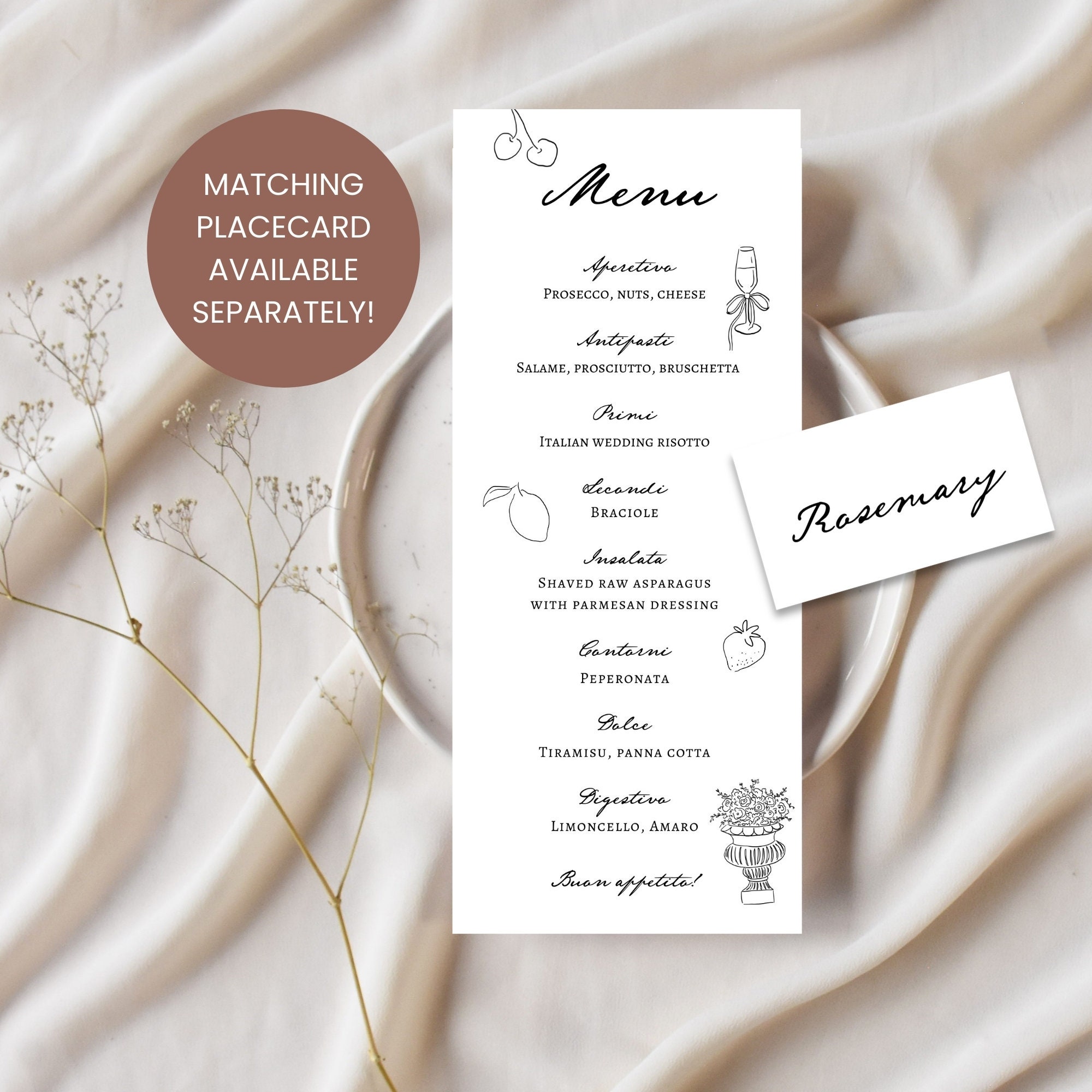 Handdrawn Italian Wedding Menu Template, Italian Course Menu, Elegant ...