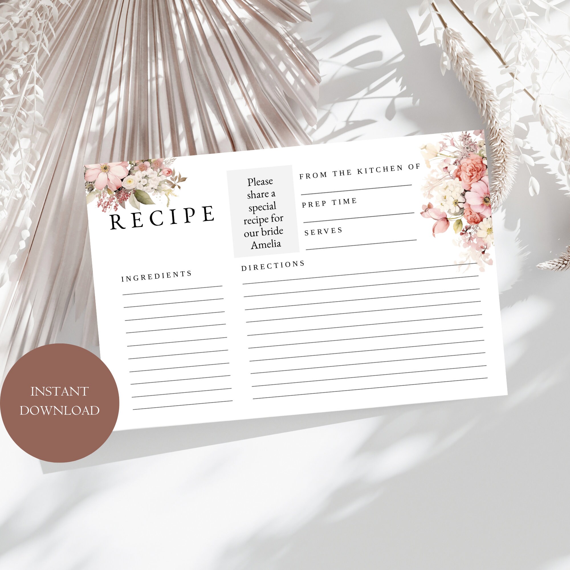 Pink Floral Wedding Recipe Card Template, Recipe Card Insert, Editable ...