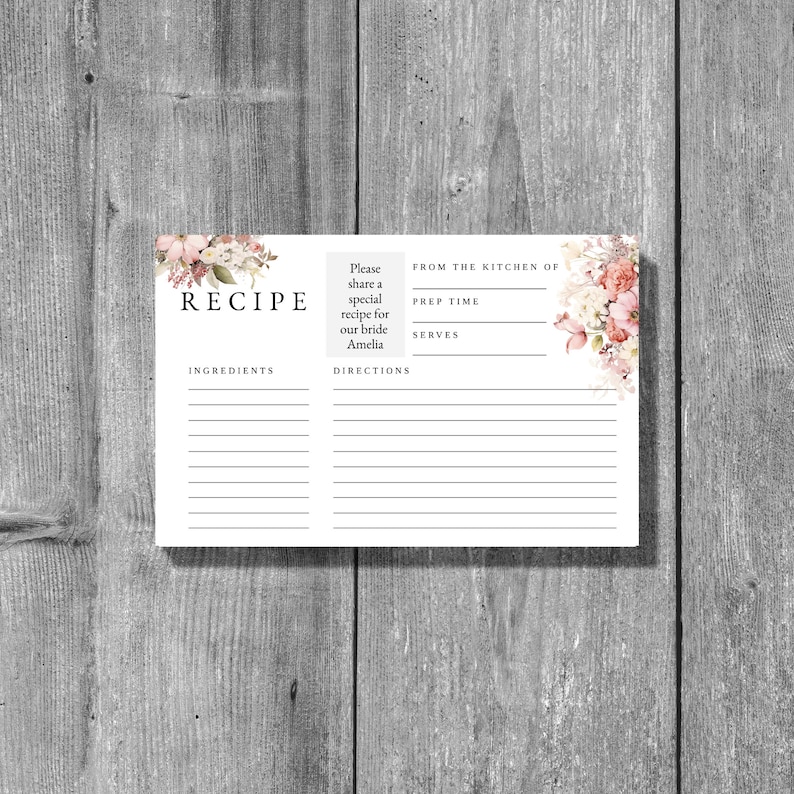 Pink Floral Wedding Recipe Card Template, Recipe Card Insert, Editable ...