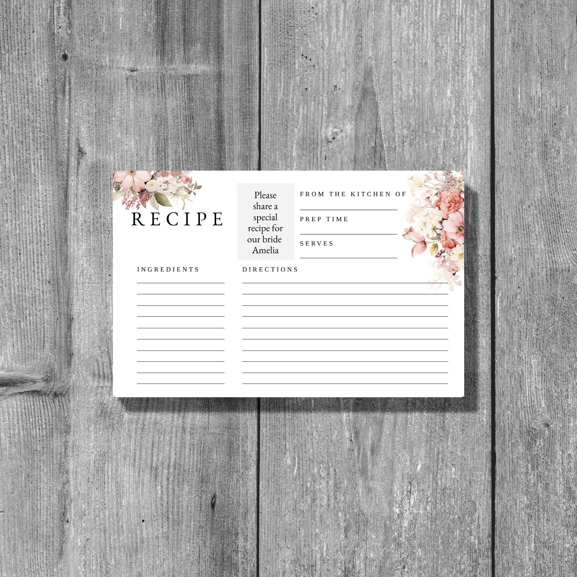 Pink Floral Wedding Recipe Card Template, Recipe Card Insert, Editable ...