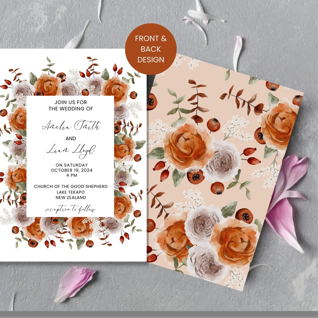 Autumn Wedding Invitation Template Double Sided, Fall Florals Wedding ...