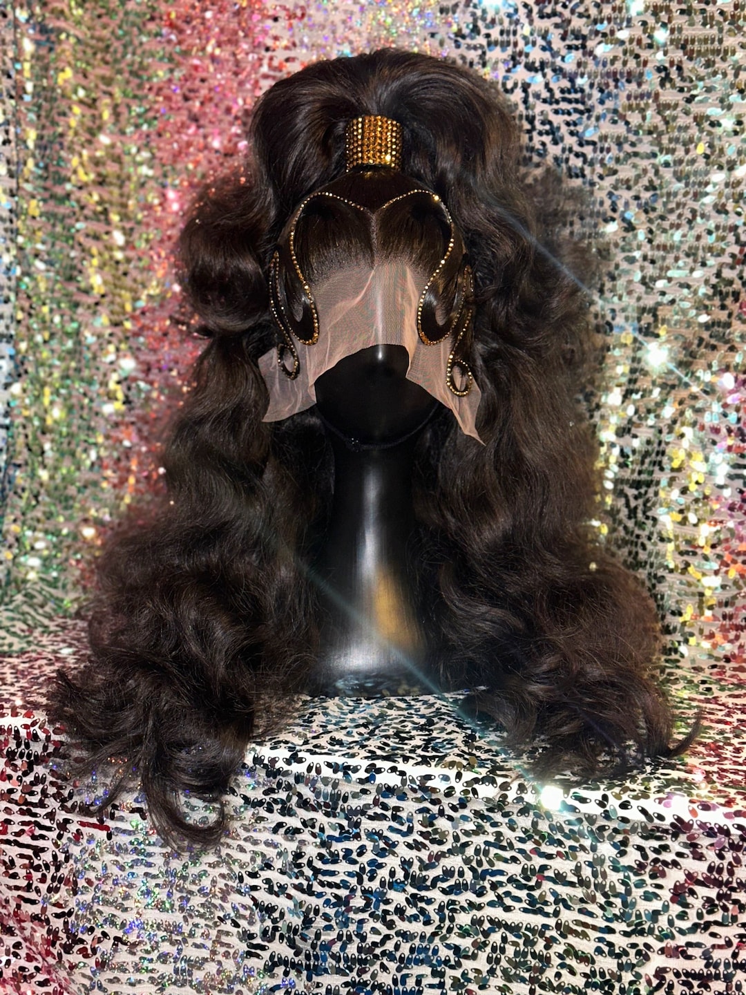 Dark Brown Curly Rhinestone Wig for Drag Queens - Etsy