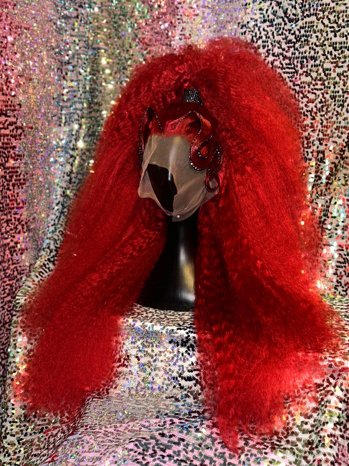 Merlot Red Drag Crimped Wig With Sculpted Front and Black Crystal ...