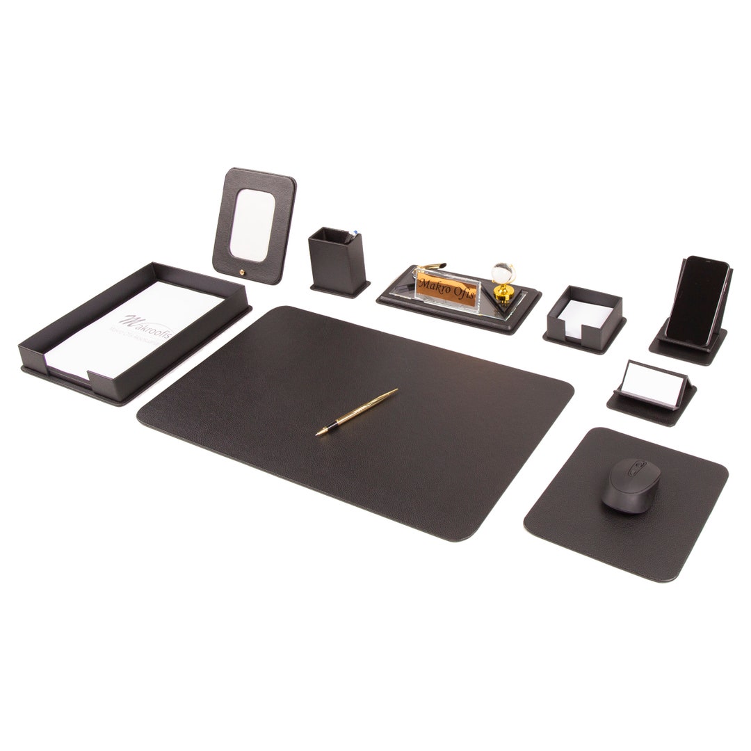 Dora Leather Desk Set With 11 Accessories / With Clock and Glass ...