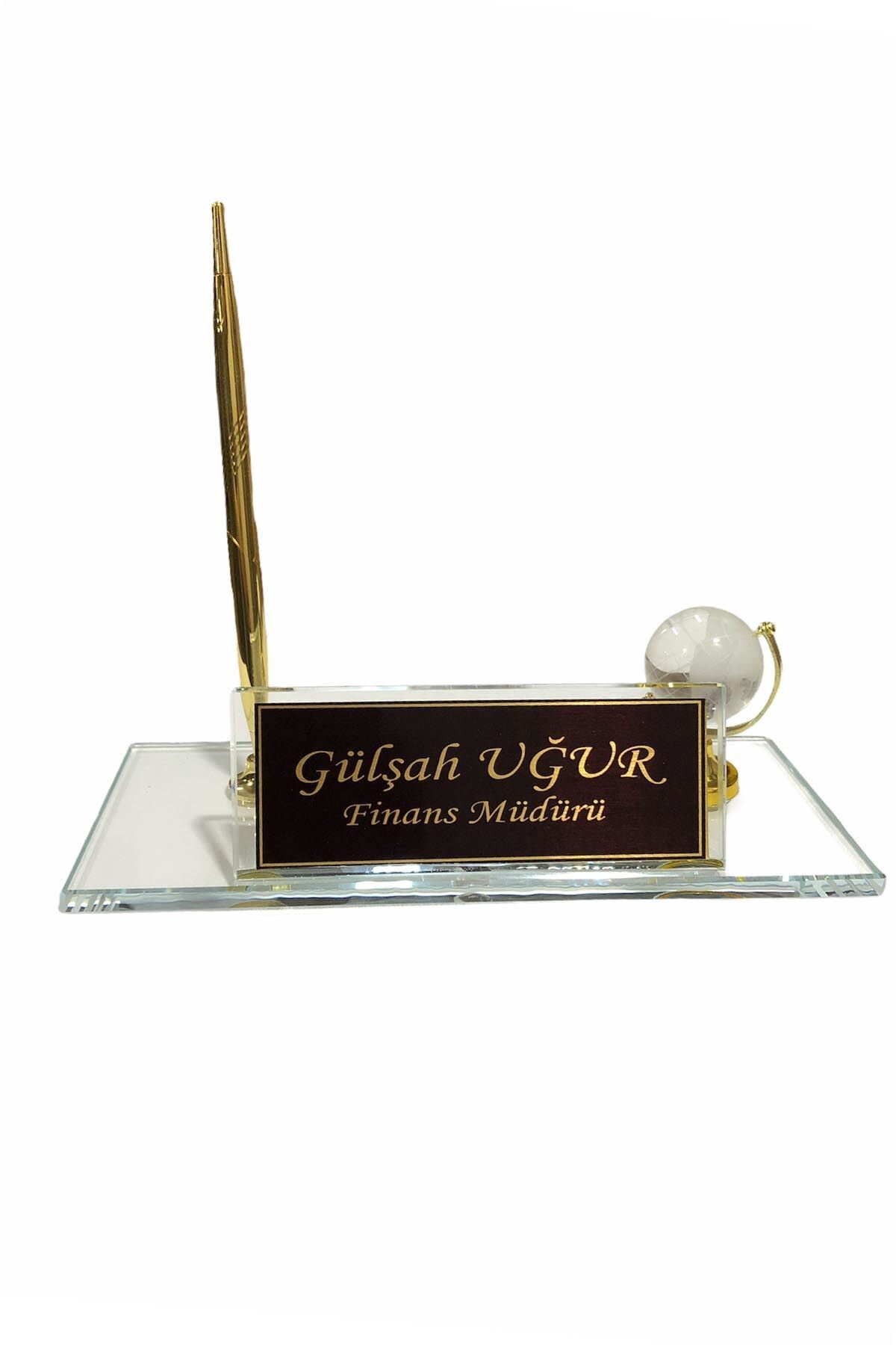 Globe Glass Desk Name Plate With Golden Pen Set and Clock / Golden Pen ...