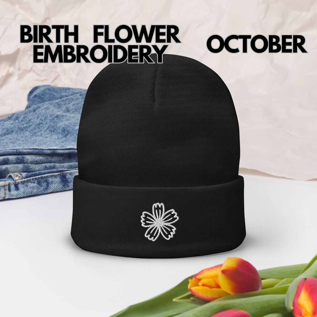 Birth Flower Birth Month Embroidered Hat Beanie, October, Cosmos ...