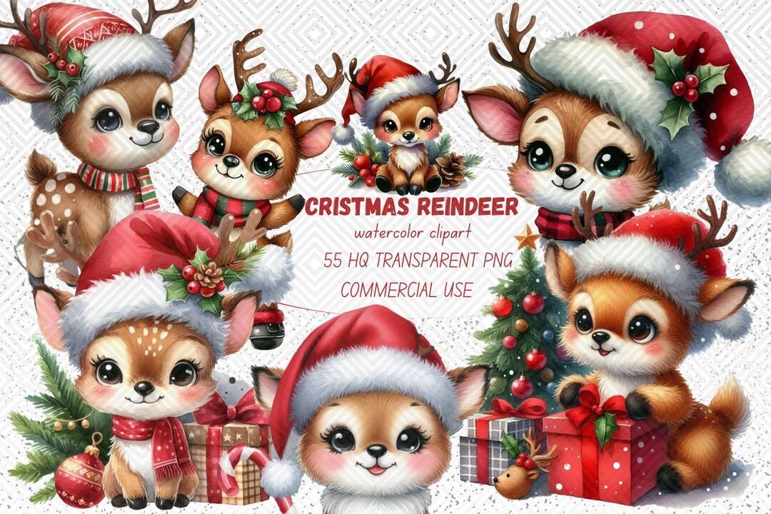 55 Cute Reindeer PNG Clipart Set, Christmas Deer, Watercolor Santa ...