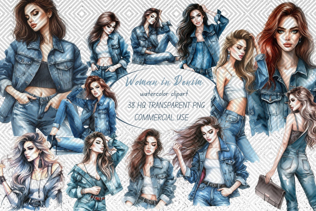 Denim Girl Clipart, Woman in Denim Clipart, Fashion Girl Clipart, Jeans ...