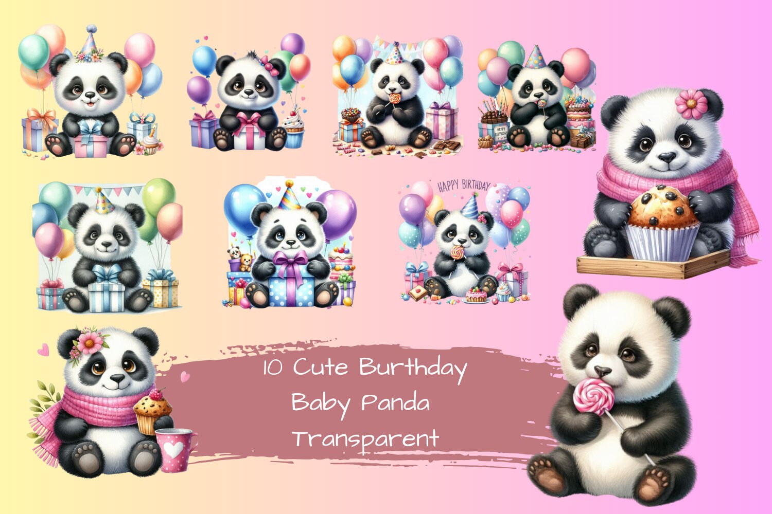 Cute Baby Panda Clipart, Birthday Baby Pandas Png, Little Pandas Clip ...