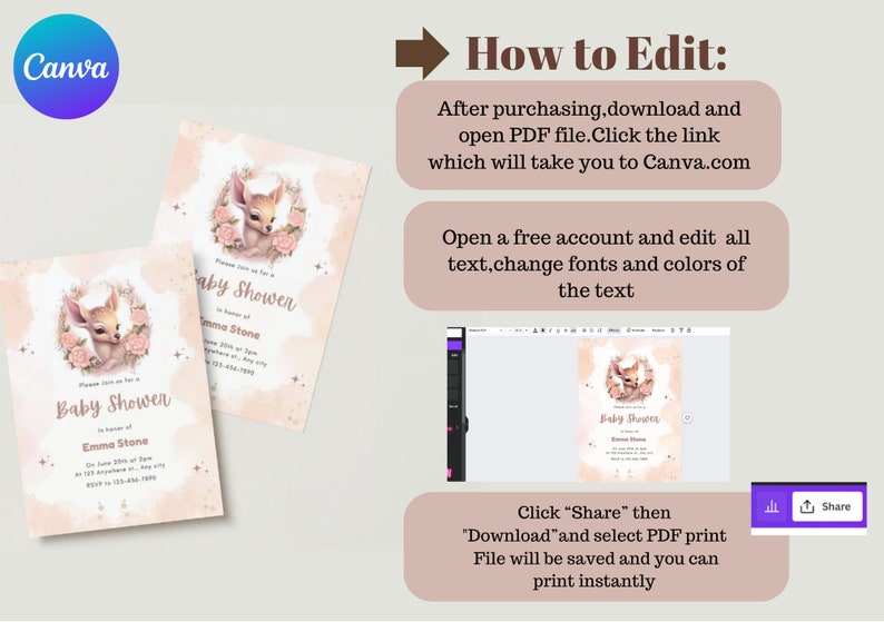 Editable Doe Baby Shower Invitation, Cute Animal Digital Invitation ...