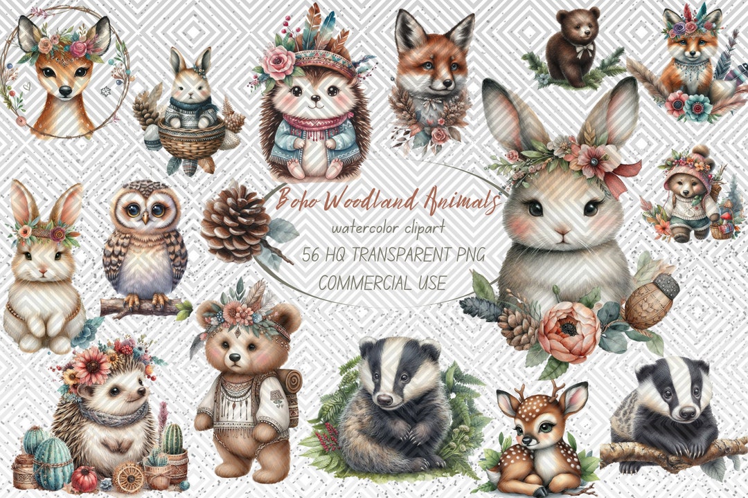 Boho Woodland Animals Clipart Watercolor Bundle, Watercolor Animals ...