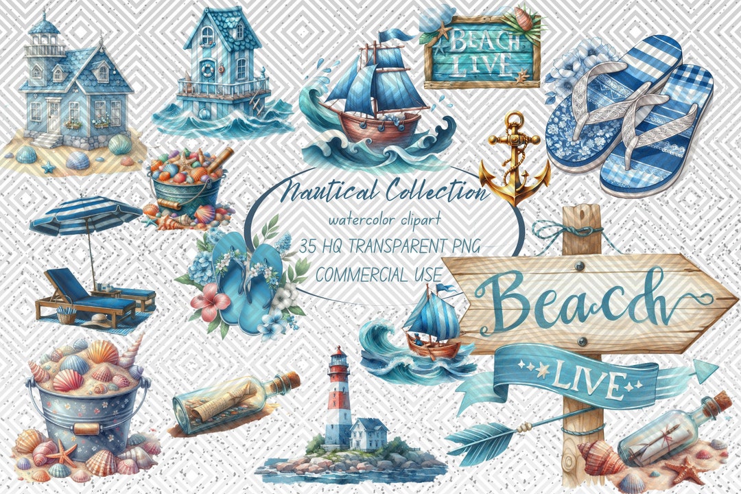 Watercolor Nautical Collection Clipart, 35 PNG Beach Clipart, Travel ...