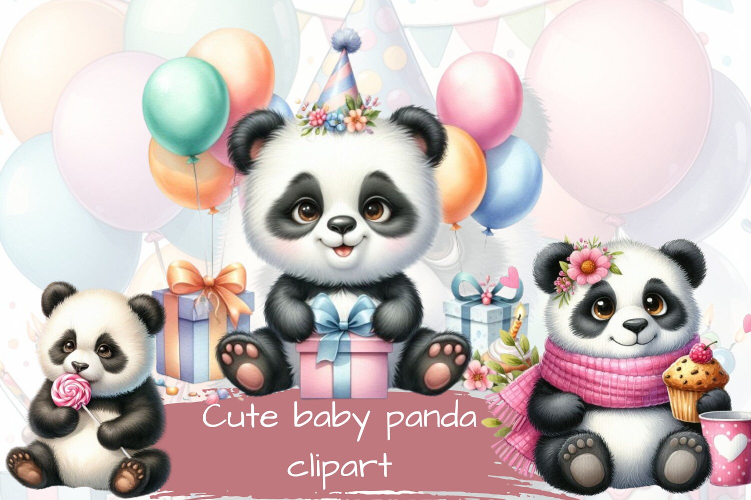 Cute Baby Panda Clipart, Birthday Baby Pandas Png, Little Pandas Clip ...