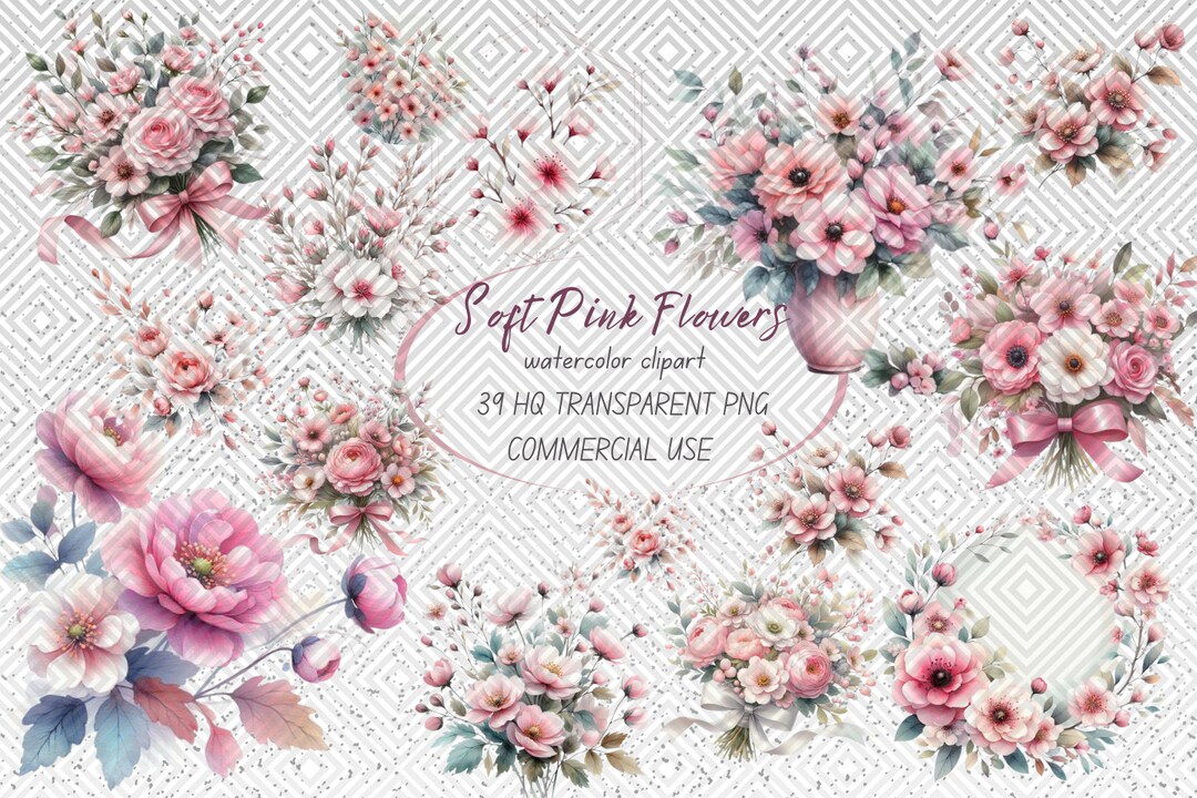 39 Soft Pink Flowers Clipart, Watercolor Floral Clipart , Wildflowers ...