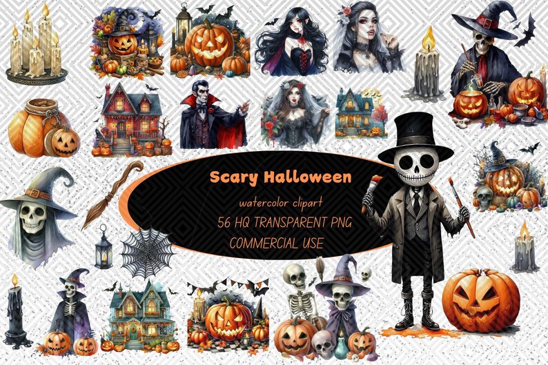 Scary Halloween Clipart Bundle: 56 Watercolor Spooky PNG Graphics ...