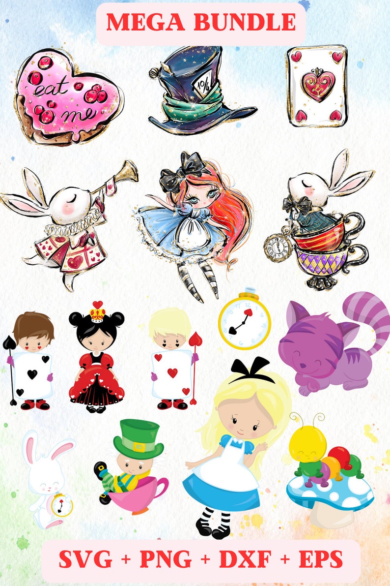 Alice in Wonderland Pictures Mega Bundle - 500+ Characters, Scenes, Fairy Tale Designs - SVG ...