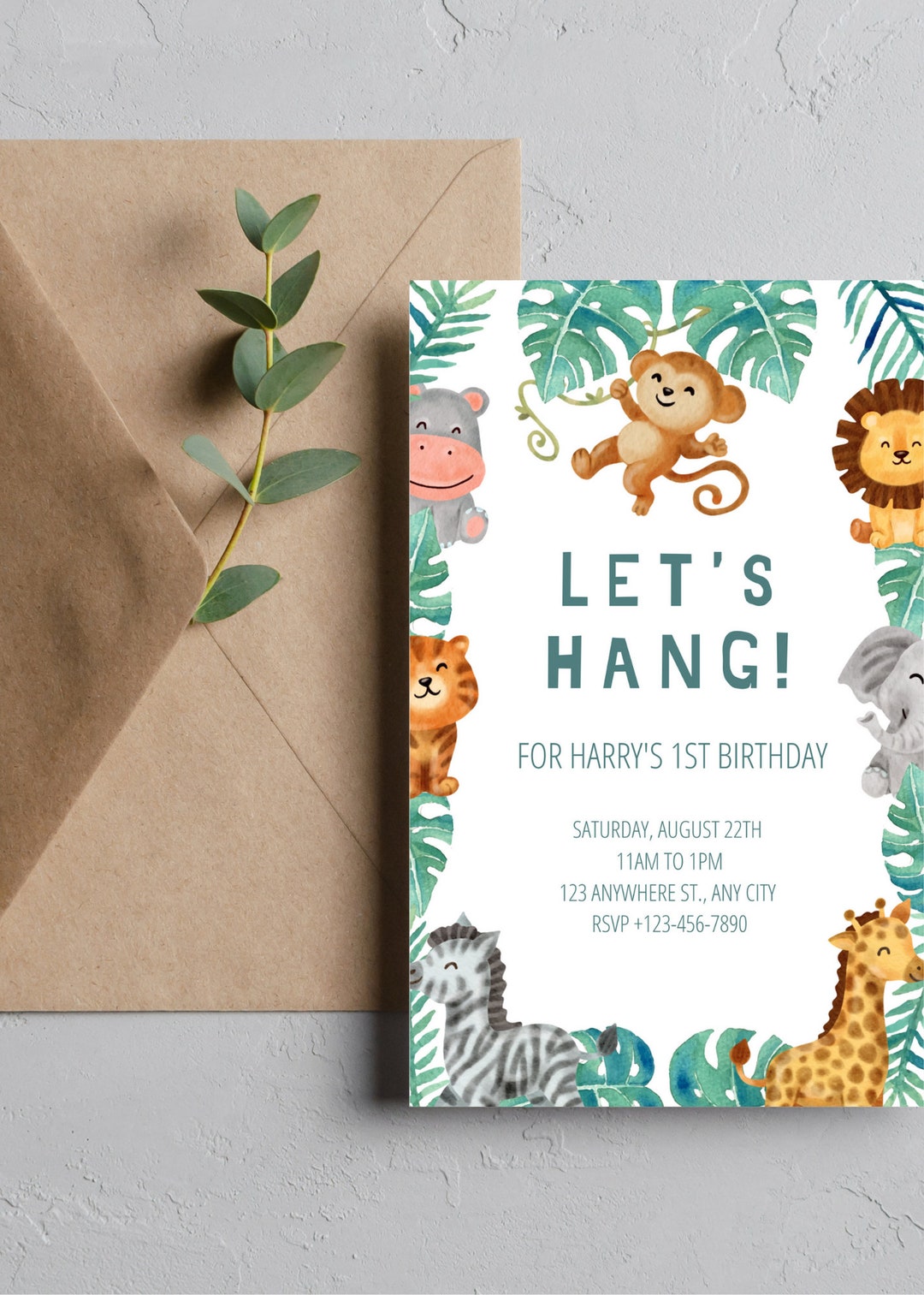EDITABLE Jungle Birthday Invitation, Lets Hang 1st Birthday Invitation ...