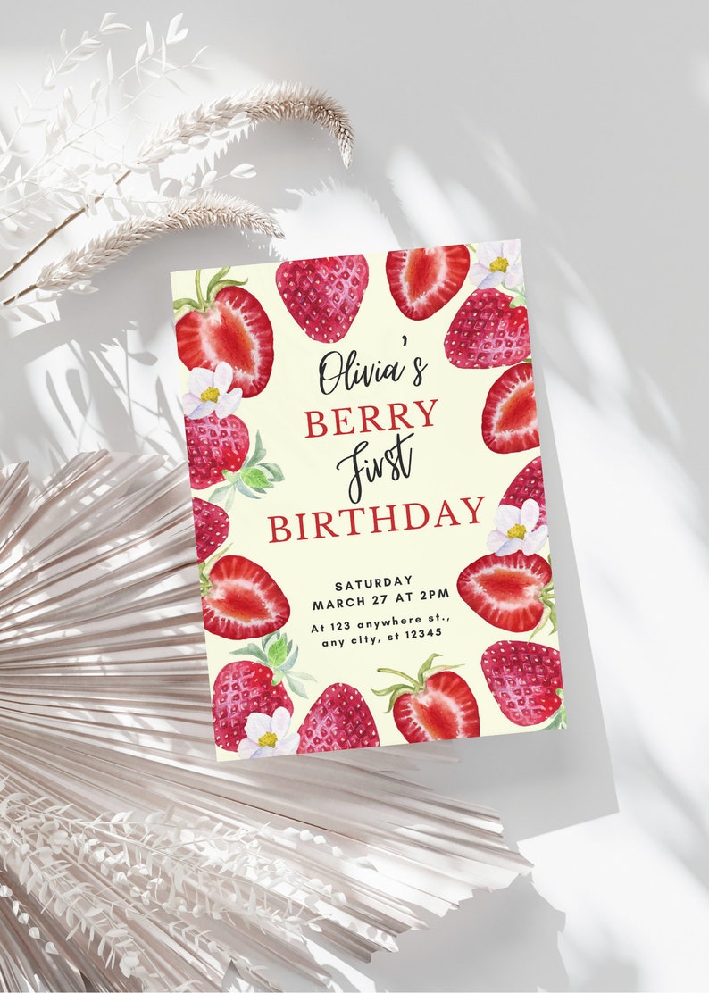 EDITABLE Berry Birthday Invitation, Fresh Pink Fruit Summer Spring ...