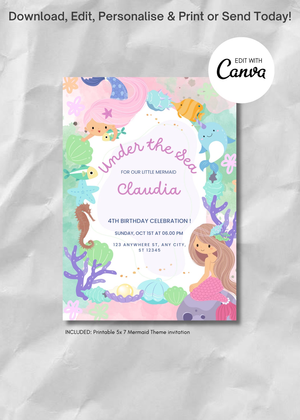 EDITABLE Mermaid Birthday Invitation, Rainbow Under the Sea Theme ...