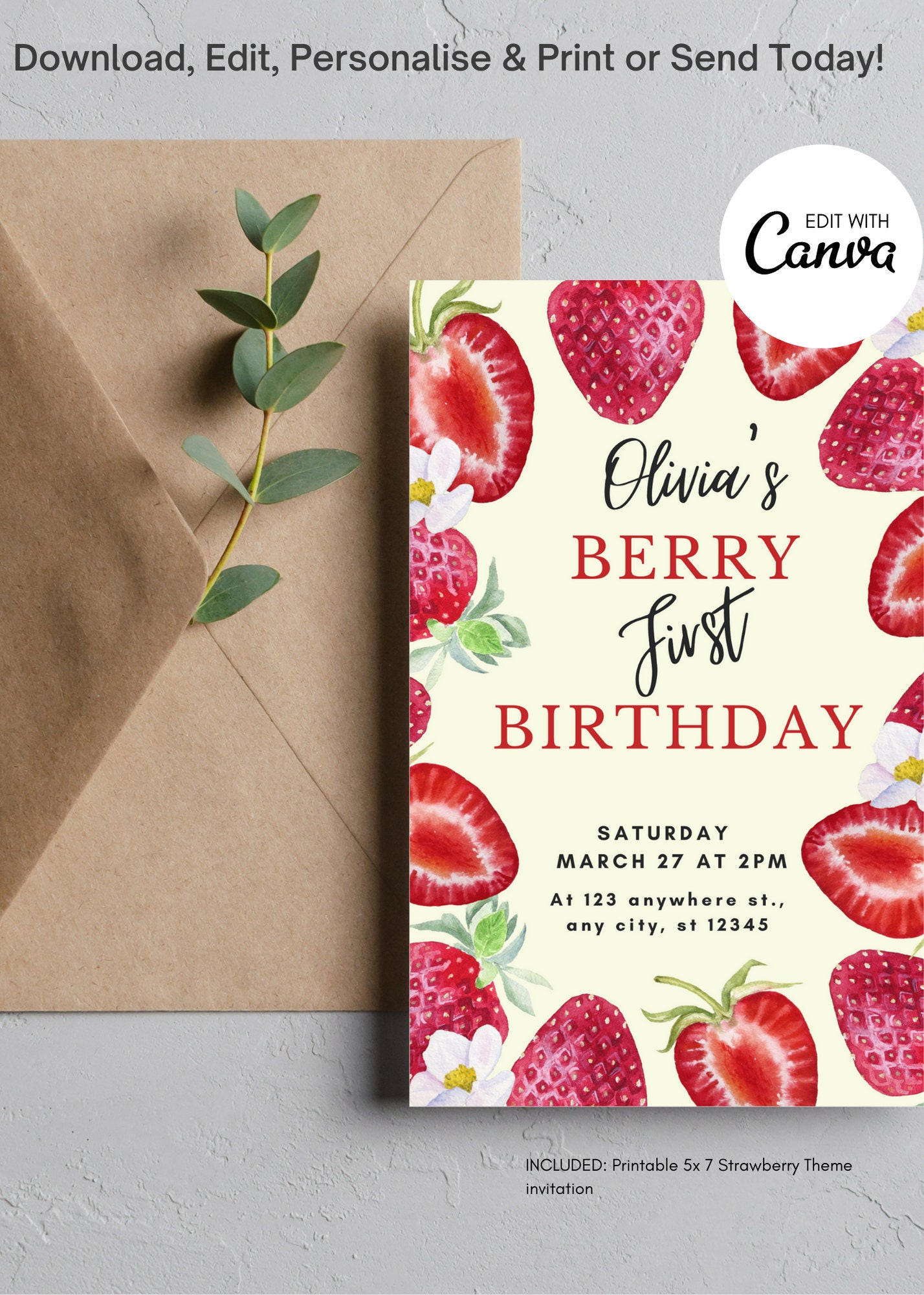 EDITABLE Berry Birthday Invitation, Fresh Pink Fruit Summer Spring ...